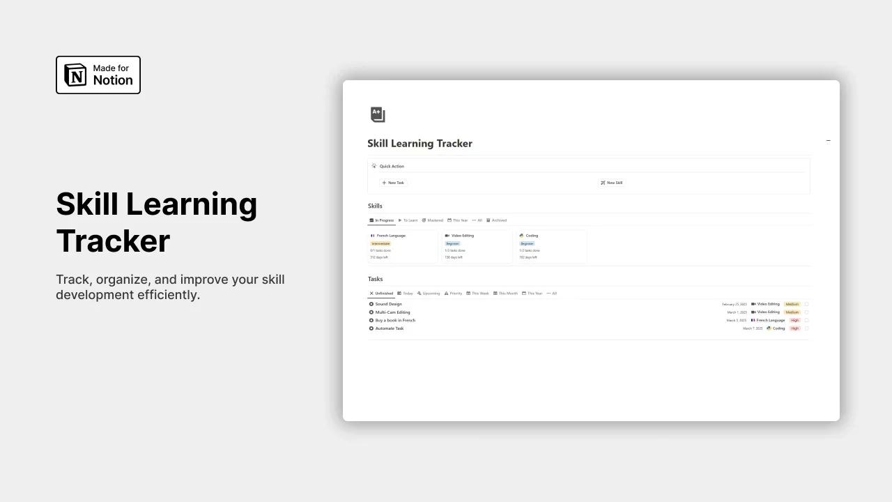 Skill Learning Tracker for Free by FocusWhale - Education Notion Template
